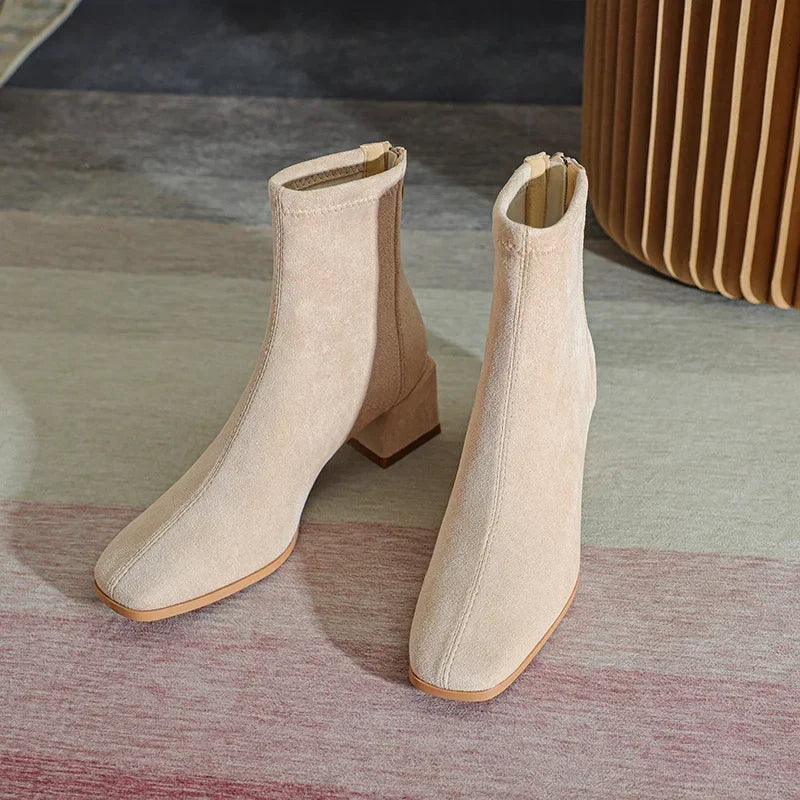 Beige Suede Ankle Boots With Block Heels on Luulla