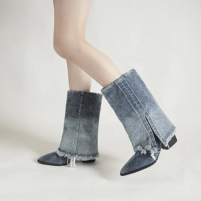 High-fashion Frayed Denim Over-the-knee Boots on Luulla