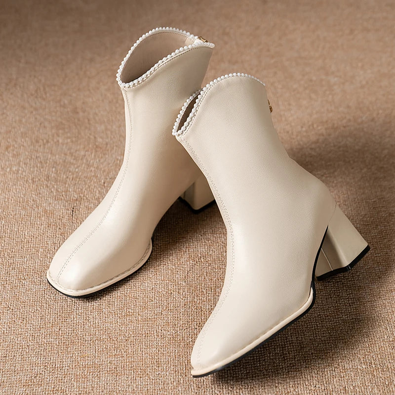 Stylish Pearl-trimmed Cream Ankle Boots For Women on Luulla